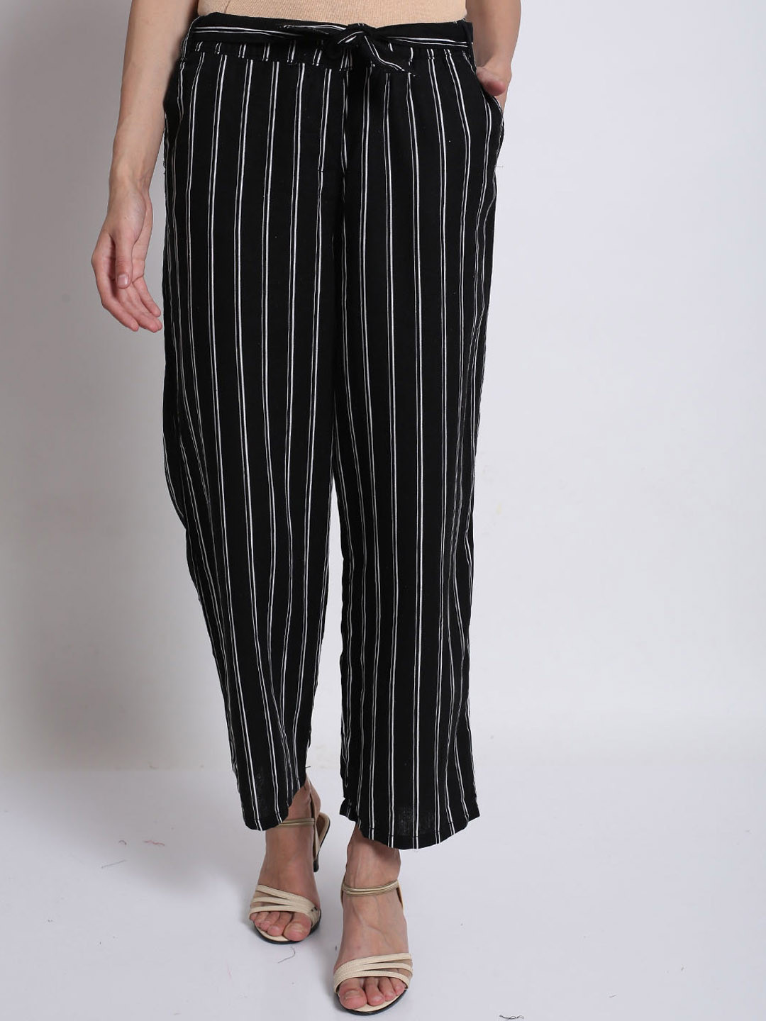 Buy NoBarr Women Regular Fit Mid Rise Striped Linen Parallel Trousers ...