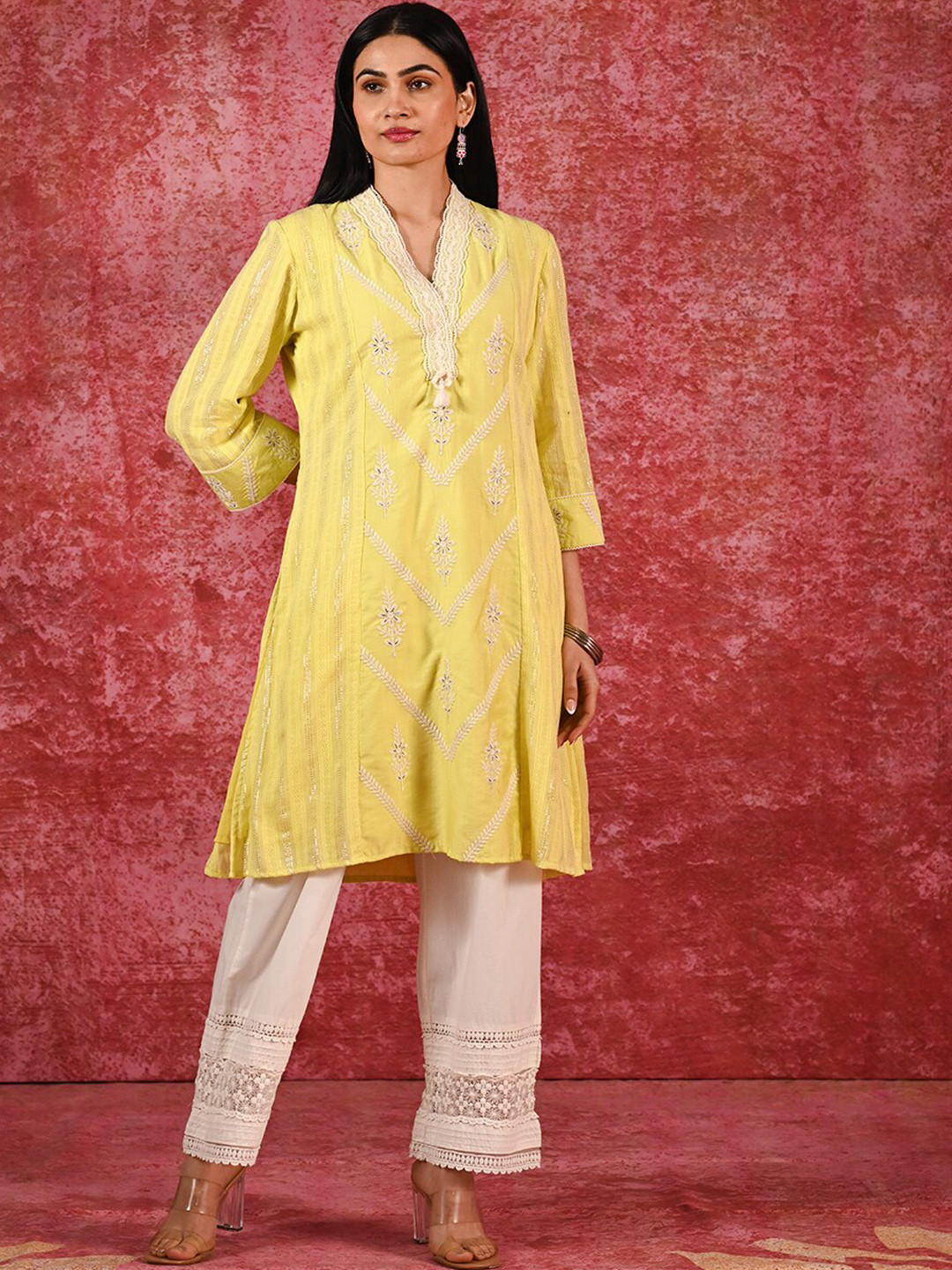 Buy Lakshita Ethnic Motifs Embroidered V Neck Flared Sleeves Cotton ...