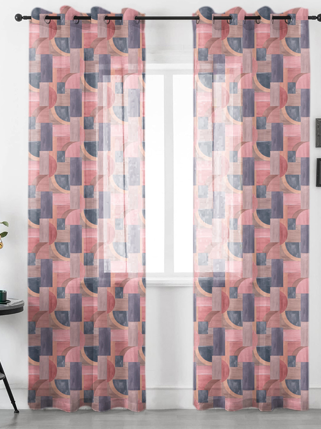 Buy URBAN SPACE Pink & Blue 2 Pieces Geometric Printed Sheer Door ...