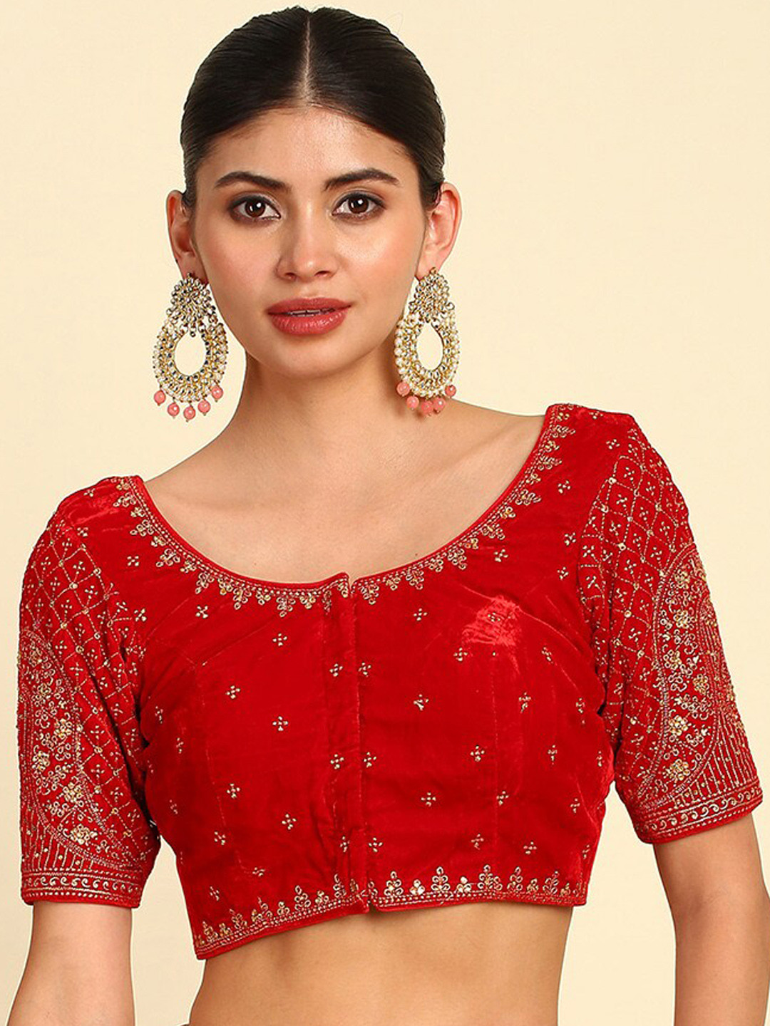 Buy Soch Red Embroidered Velvet Padded Blouse With Stones Work - Saree ...