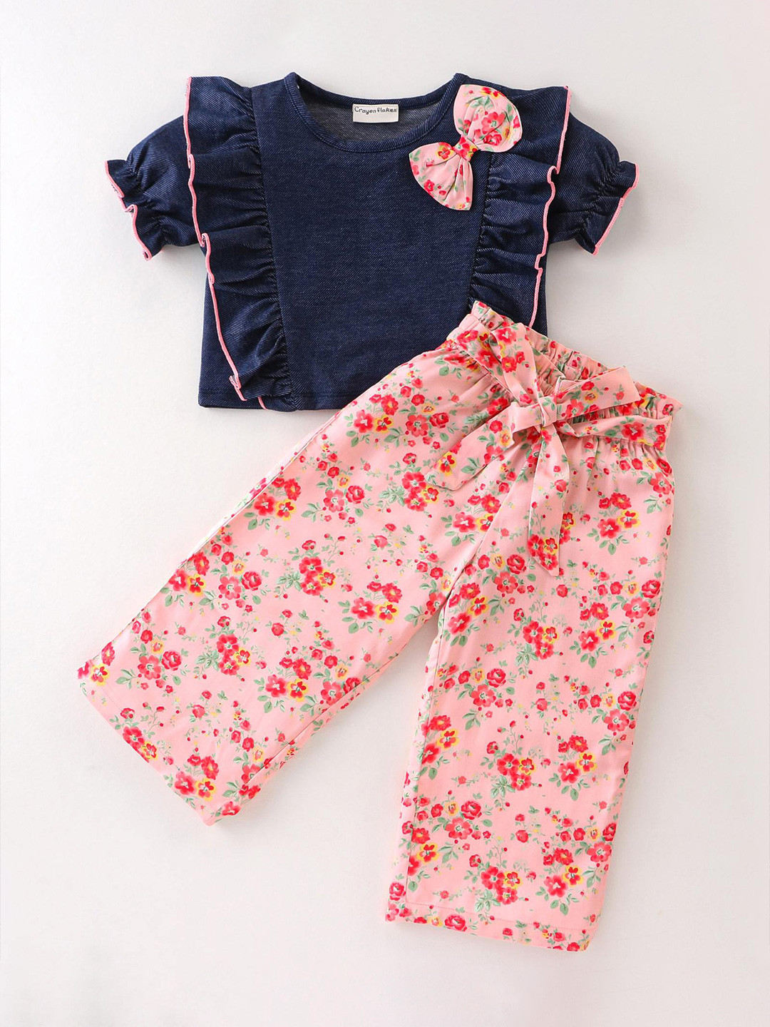 Buy CrayonFlakes Girls Round Neck Short Puff Sleeves Top With Palazzos ...