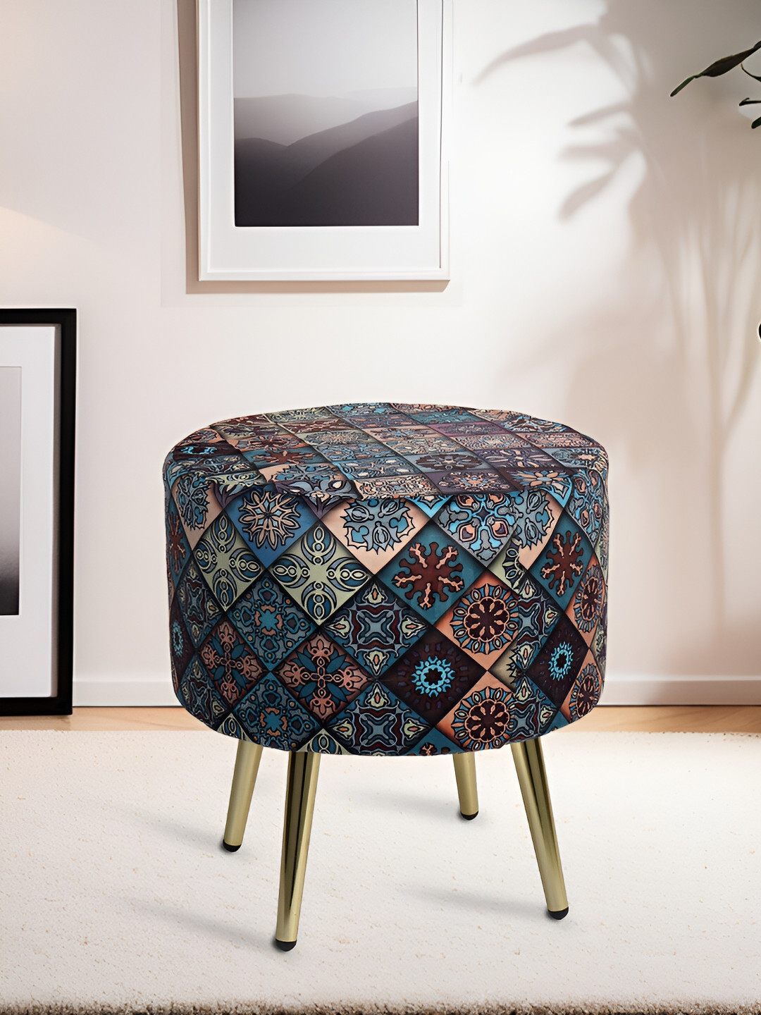 Buy CDI Navy Blue & Beige Ethnic Motifs Printed Cotton Tufted Ottoman ...