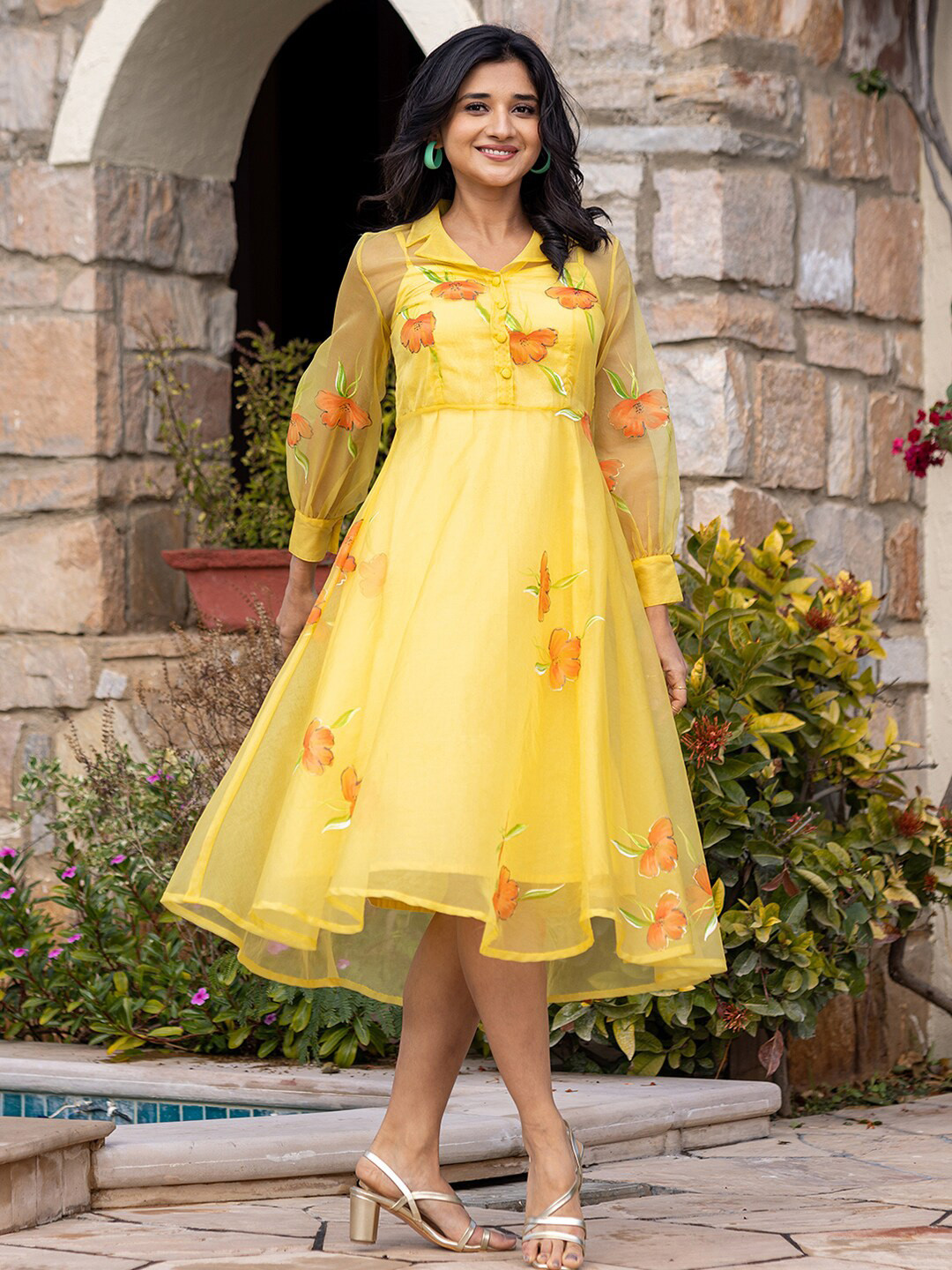 Buy Ambraee Floral Printed Shirt Collar Fit & Flare Dress With Inner ...