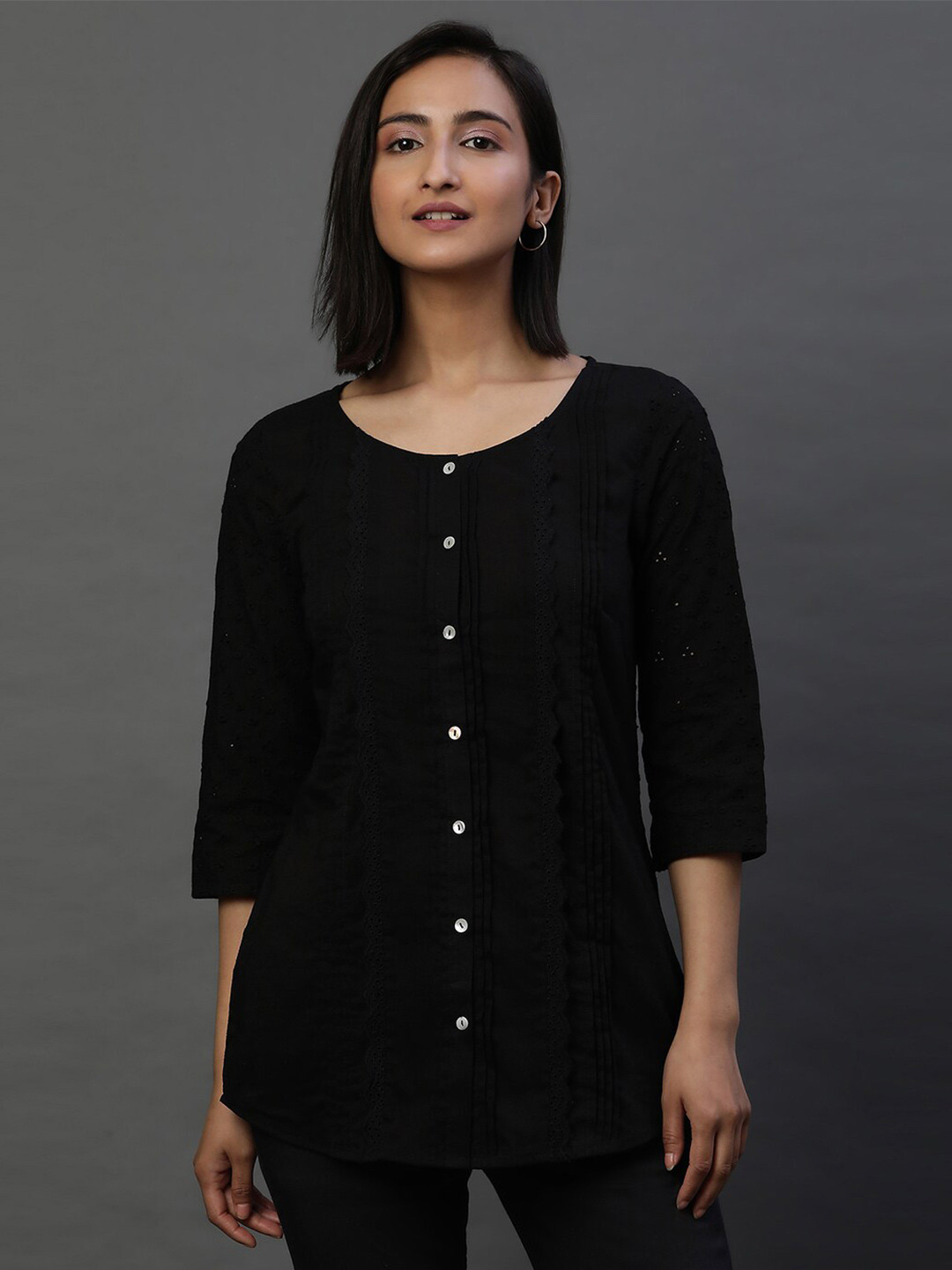 Buy AURELIA Floral Woven Design Round Neck Pure Cotton Kurti - Kurtis ...