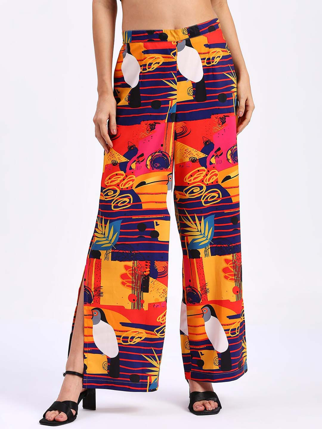 Buy FITHUB Women Abstract Printed Loose Fit High Rise Parallel Trousers ...