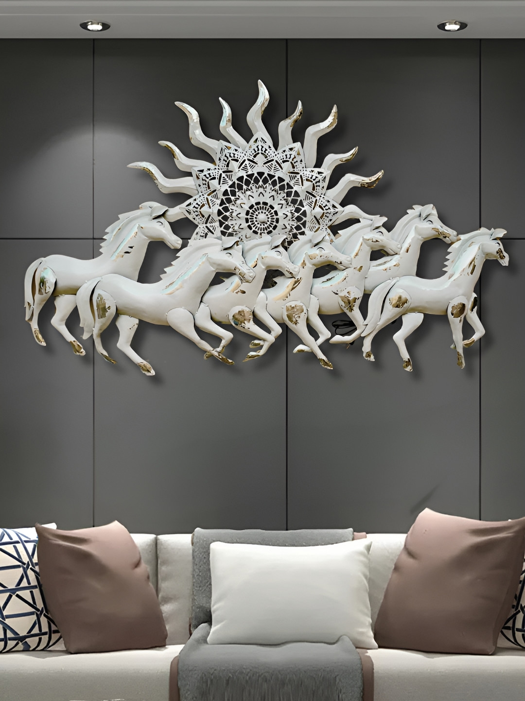 Buy PRANJALS HOUSE White Textured 7 Horses Running Wall Decor - Wall ...