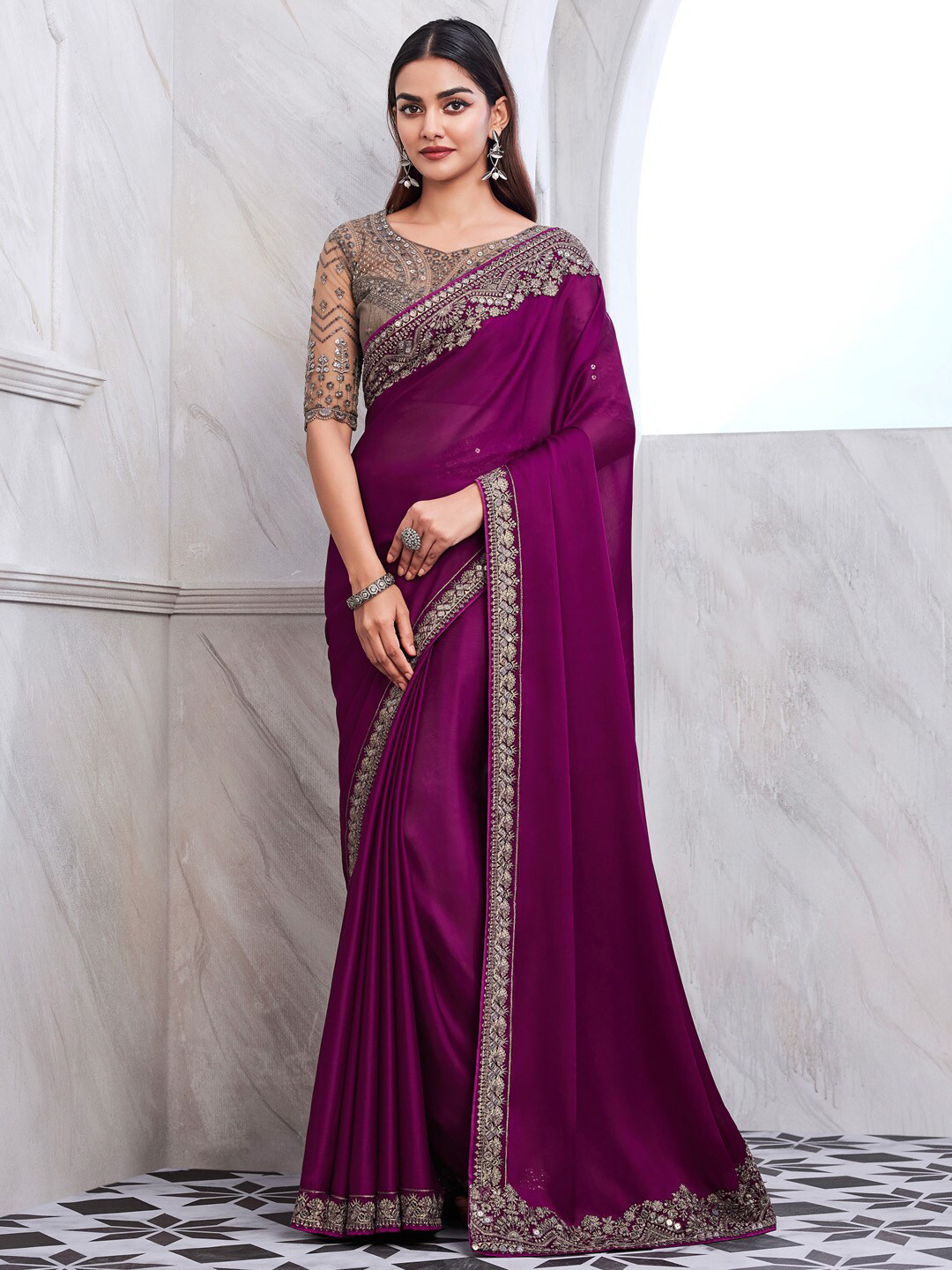 Buy Mitera Sequinned Satin Saree - Sarees for Women 28558608 | Myntra