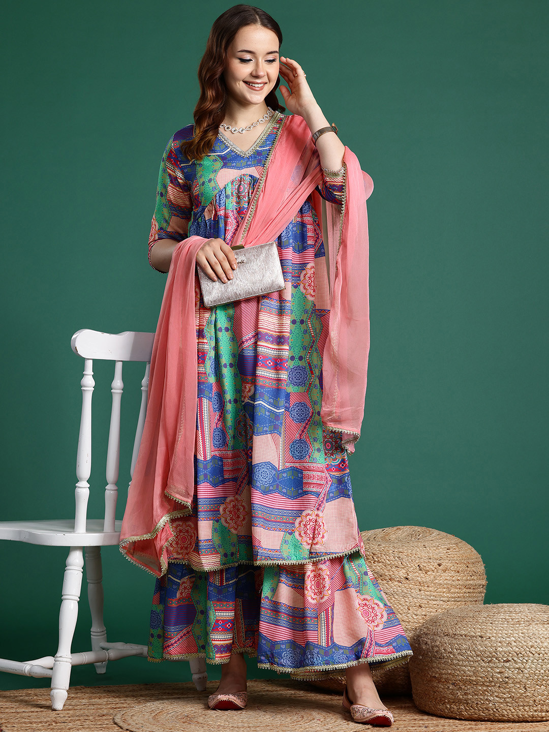 Buy Sangria Ethnic Motifs Printed Empire Kurta With Sharara & Dupatta - Kurta Sets for Women ...