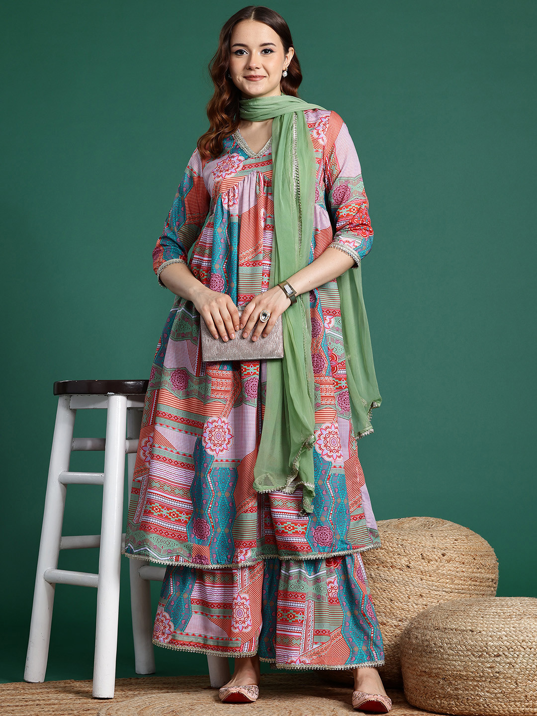 Buy Sangria Ethnic Motifs Printed Empire Kurta With Sharara & Dupatta - Kurta Sets for Women ...