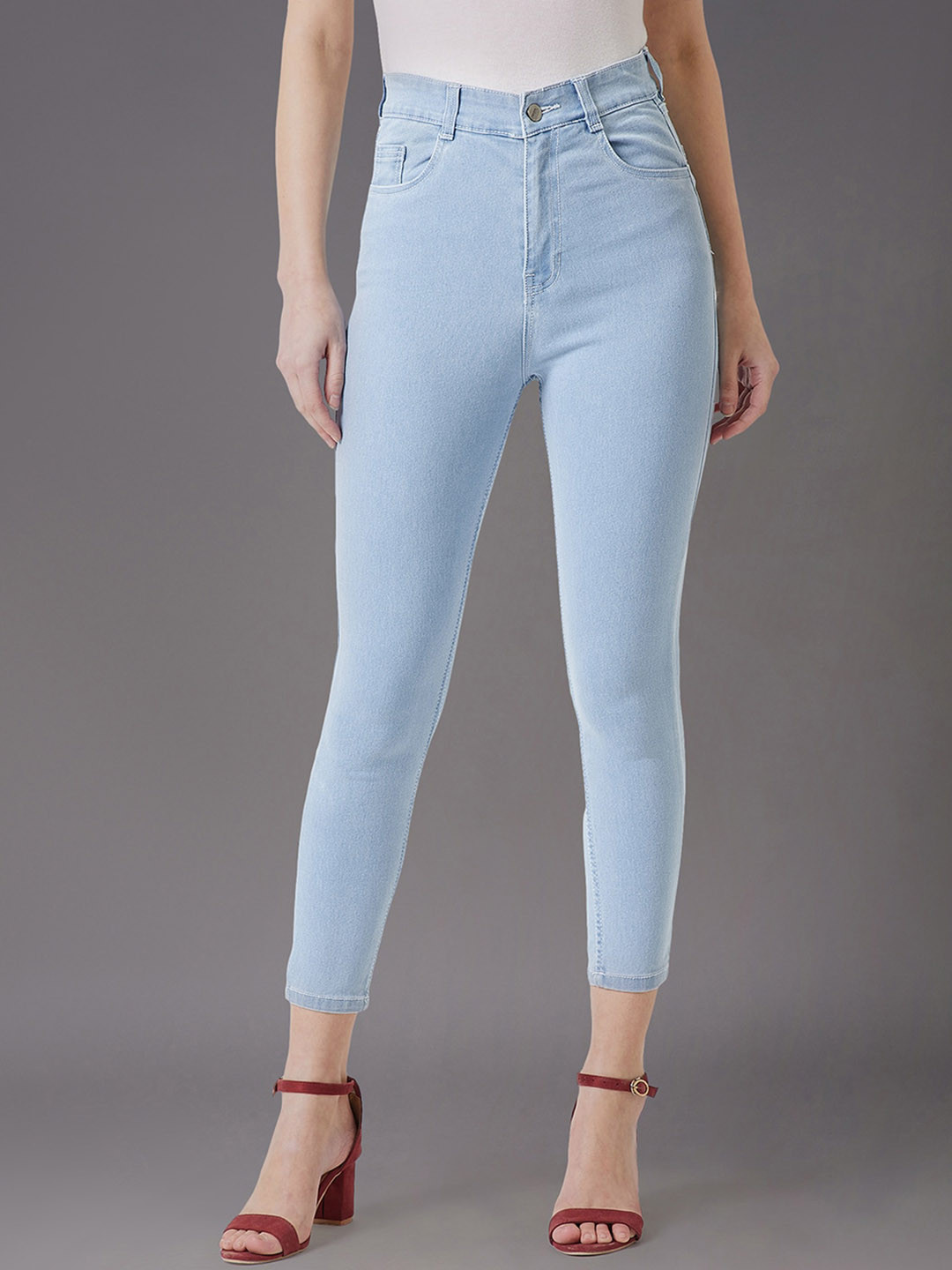 Buy Chemistry Women Skinny Fringed Hemline High Rise Cropped Solid ...