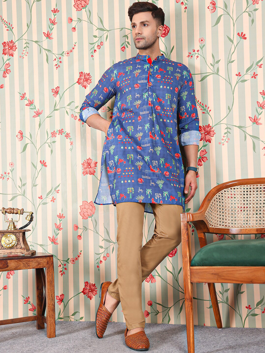 Buy Ode By House Of Pataudi Ethnic Motifs Printed Band Collar Straight ...