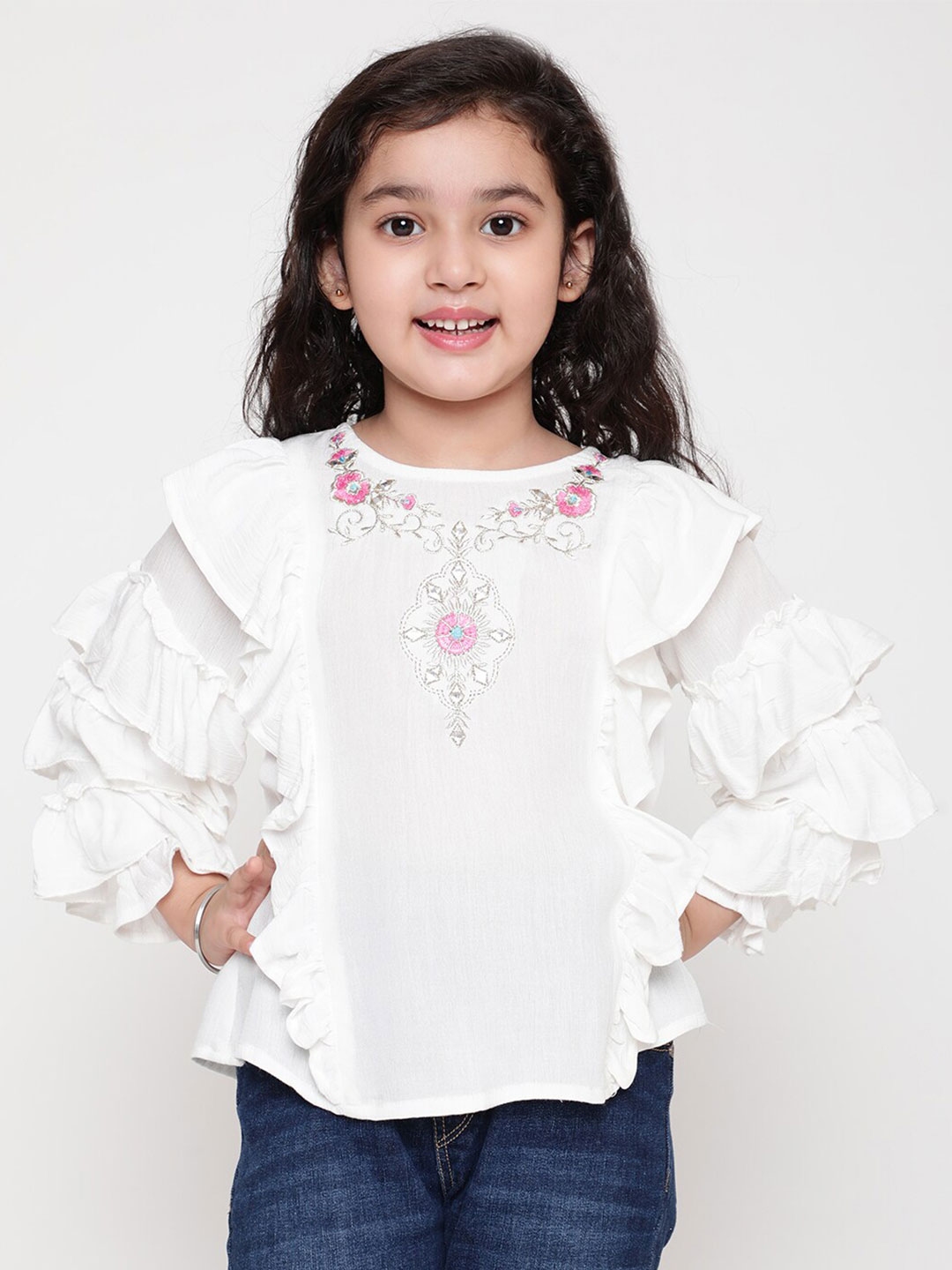 Buy Baesd Girls Pack Of 2 Floral Embroidered Round Neck Crepe Top