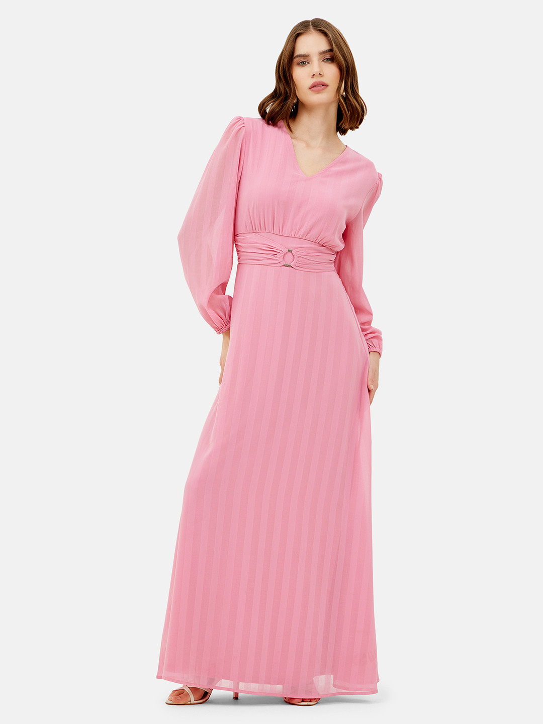 Buy Kazo Striped Puff Sleeves Satin Maxi Dress - Dresses for Women ...