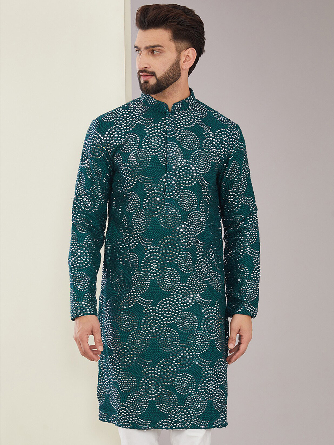 Buy KASBAH CLOTHING NISHCHAIY SAJDEH Mandarin Collar Cotton Sequinned ...