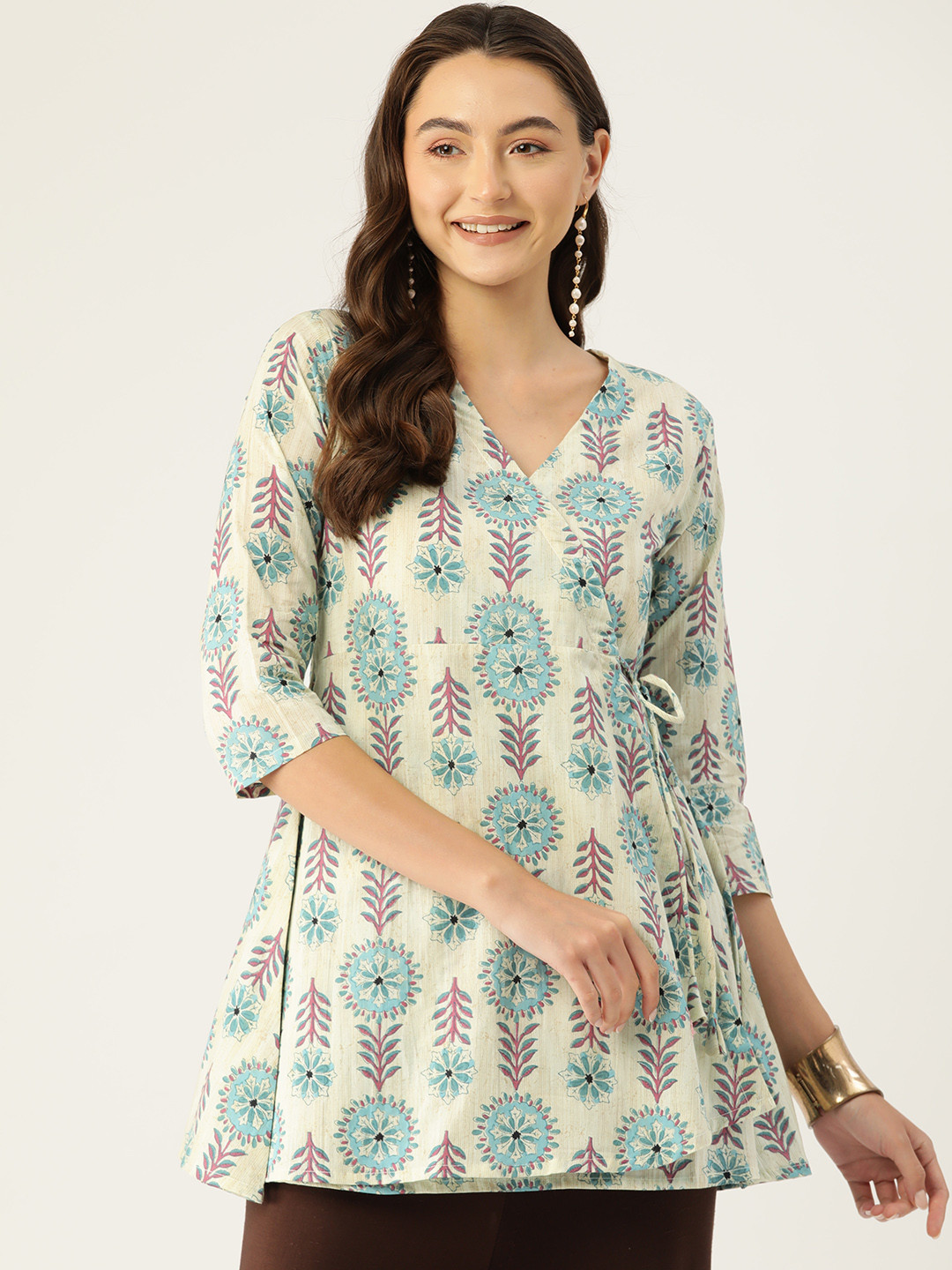 Buy FERANOID Floral Printed Pure Cotton Angrakha Kurti - Kurtis for ...