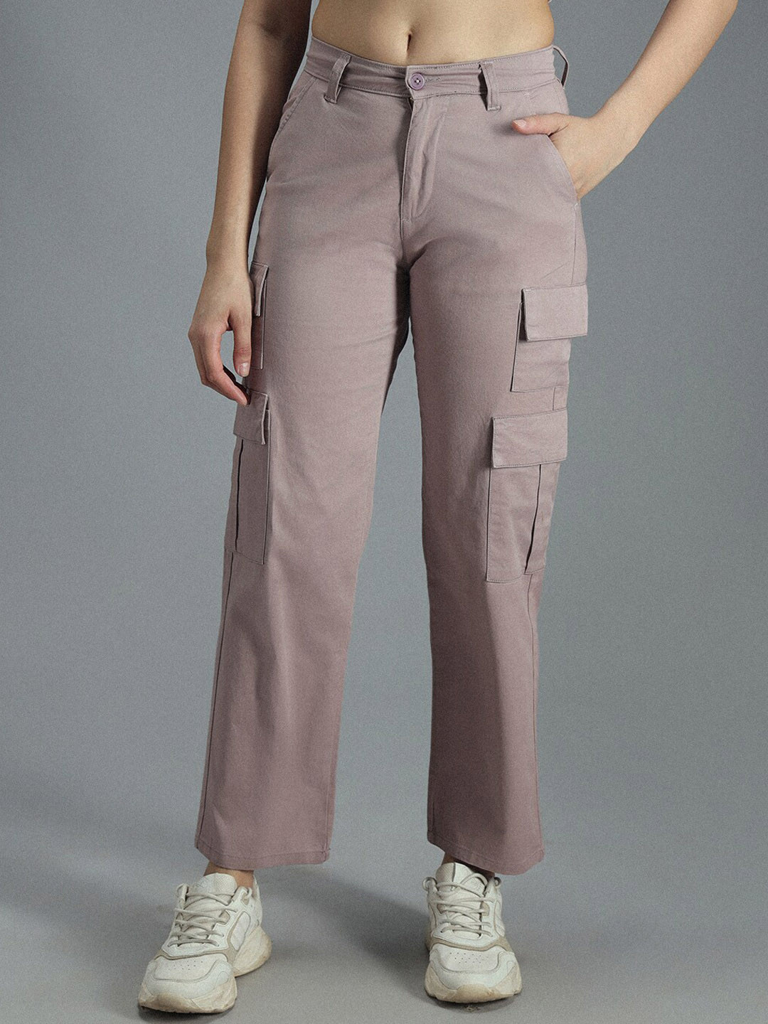 Buy High Star Women Relaxed Straight Leg High Rise Plain Cargos ...