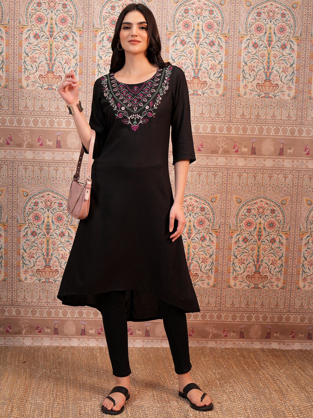 Buy Vishudh Black Ethnic Motifs Yoke Design Thread Work High Low A Line ...