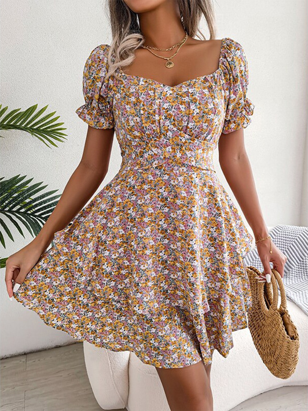 Buy StyleCast X Revolte Yellow Floral Printed Puff Sleeve Layered Fit ...