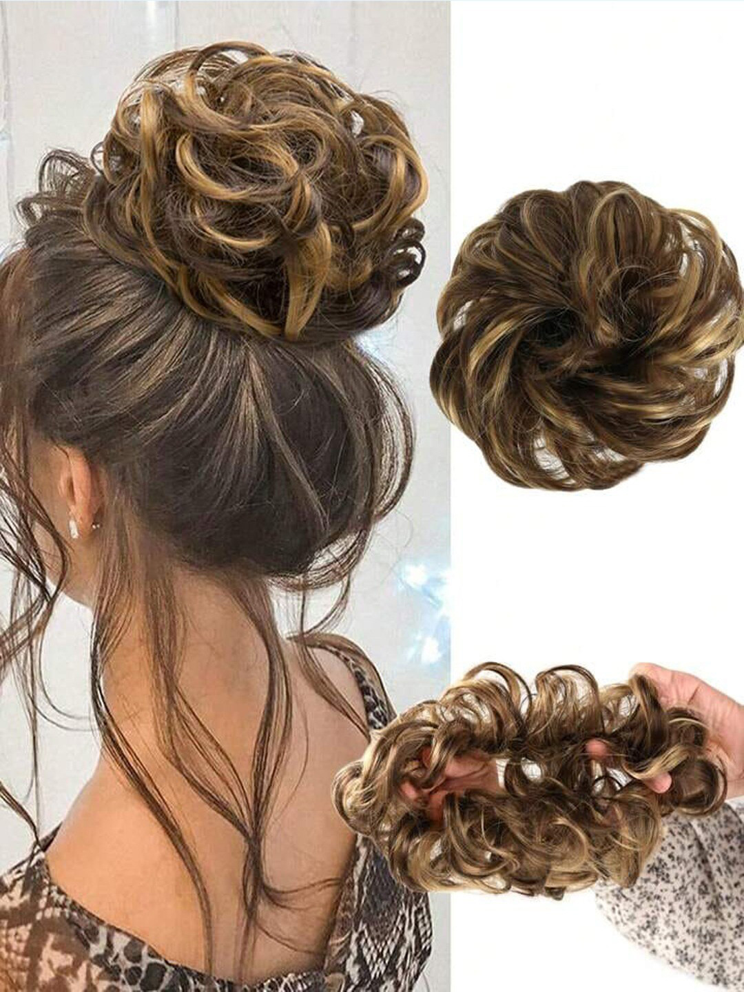 Buy Krelin Highlights Curly Hair Messy Bun Scrunchie Extensions Brown ...