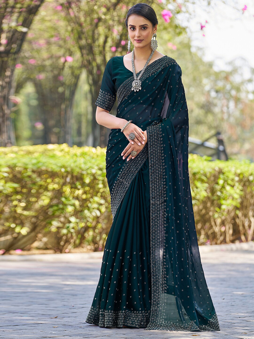 Buy Satrani Embellished Beads And Stones Pure Georgette Saree - Sarees ...