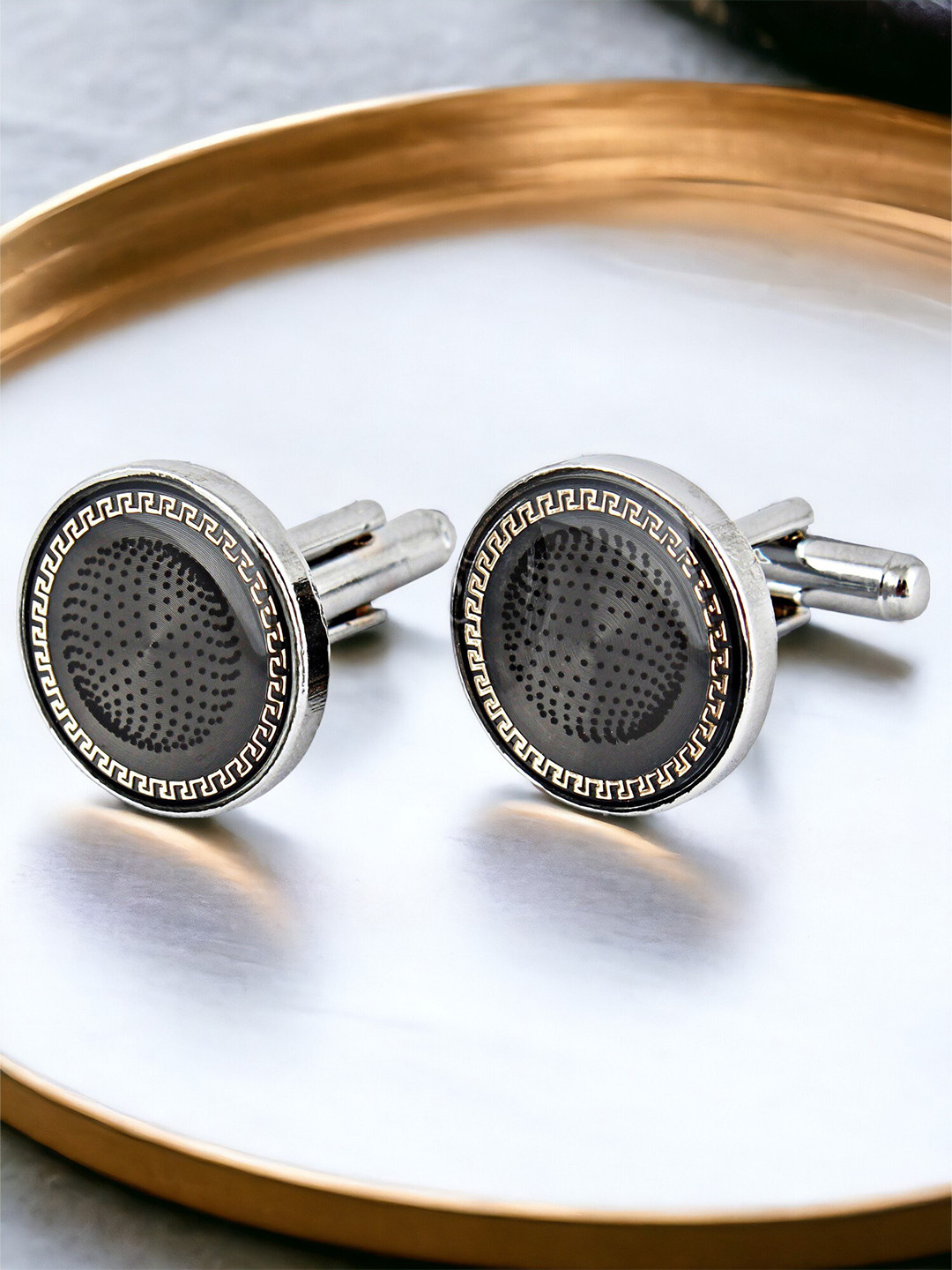 Buy LUCKY JEWELLERY Silver Plated Textured Round Blazer Cufflinks ...