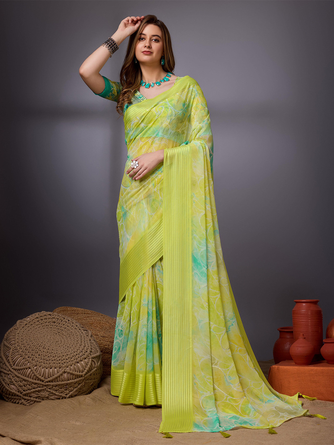 Buy Mitera Floral Printed Woven Design Pure Georgette Saree - Sarees ...