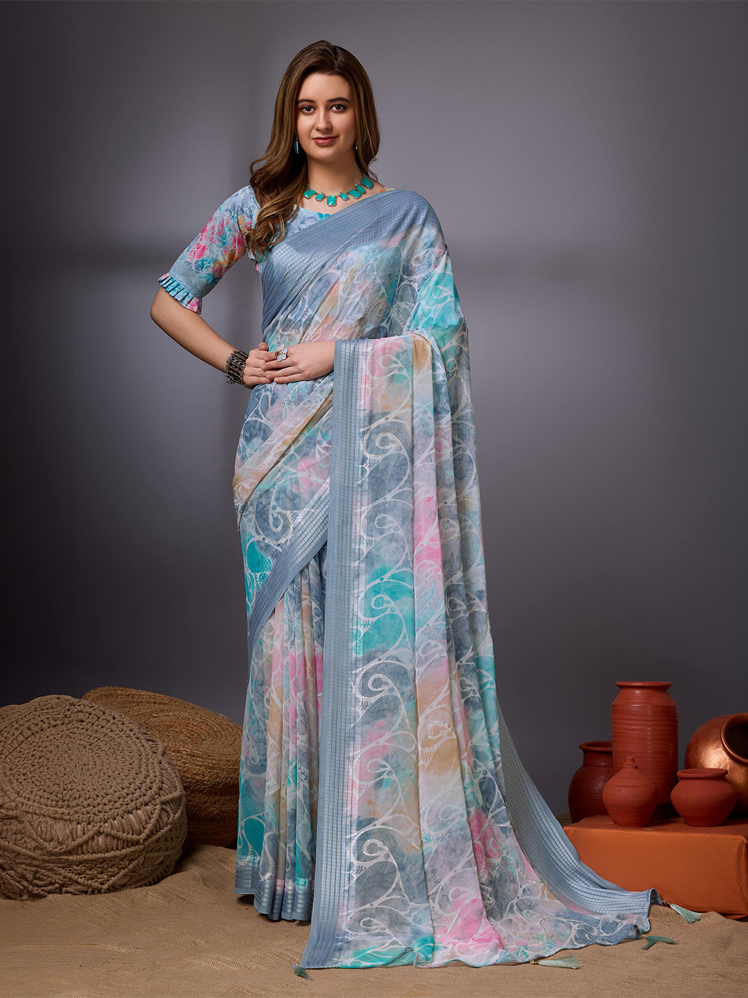 Buy Mitera Floral Printed Woven Design Zari Pure Georgette Saree ...