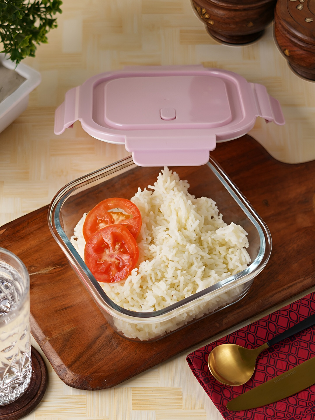 Buy Aura Pink & Transparent Dishwasher & Microwave Safe Glass Lunch Box ...