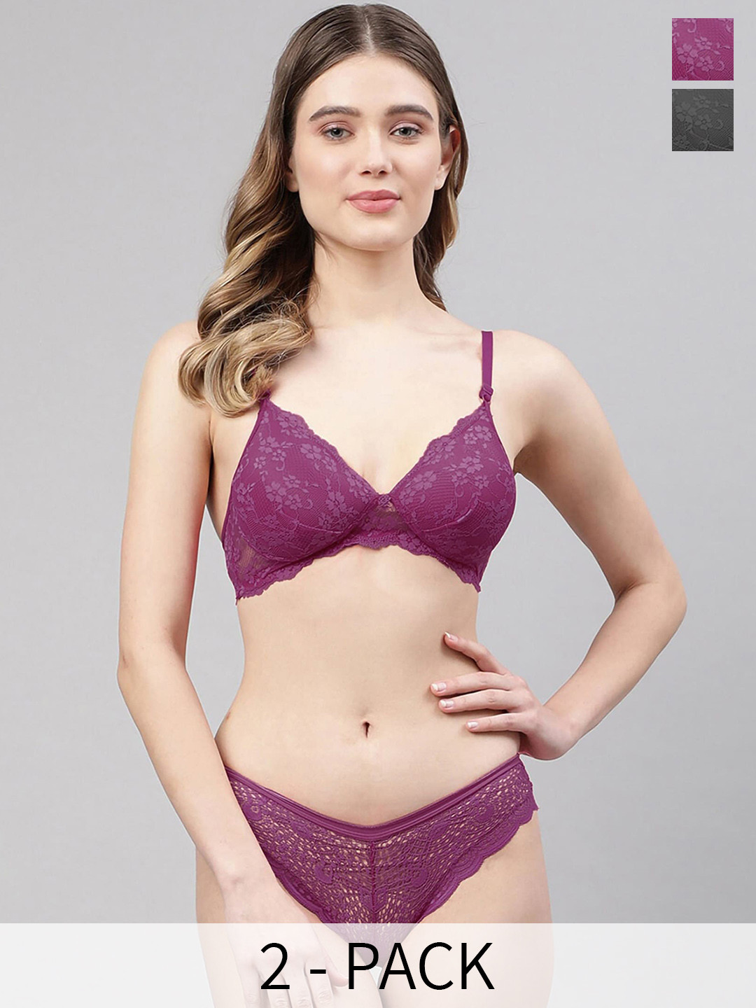 Buy In Curve Pack Of 2 Self Design Lightly Padded Lace Lingerie Set - Lingerie Set for Women ...