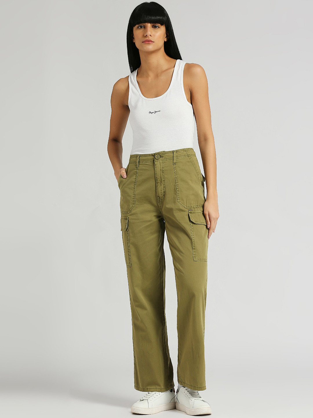 Buy Pepe Jeans Women Straight Fit High Rise Pure Cotton Cargo Trousers ...