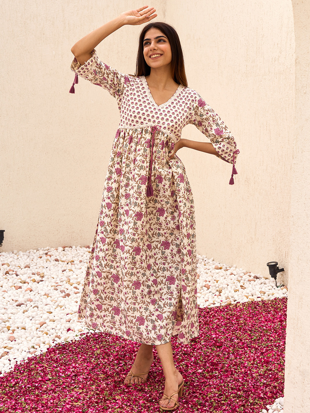 Buy Libas Floral Printed V Neck Cotton Maxi Fit & Flare Dress - Dresses ...