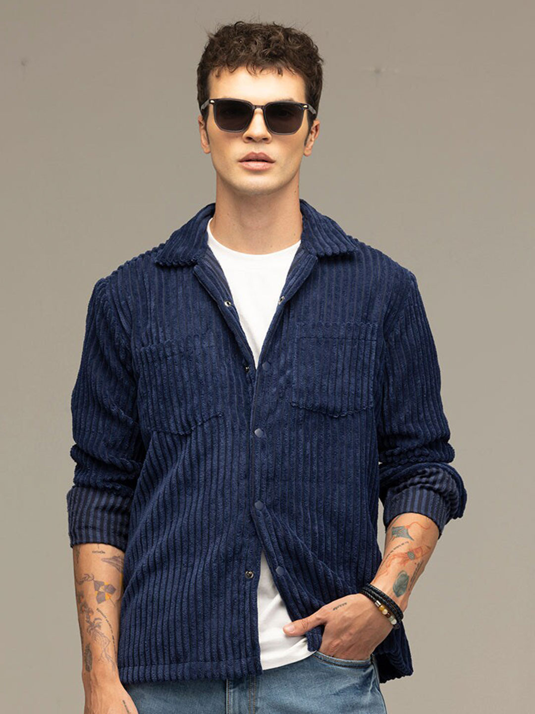 Buy Snitch Navy Blue Classic Self Design Shacket - Shackets for Men ...