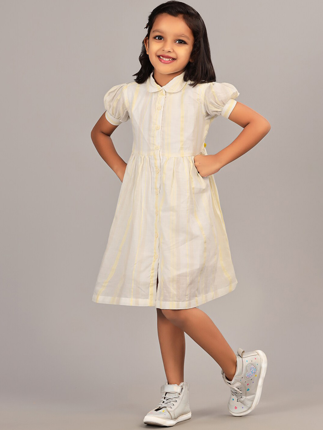 Buy ZION Girls Striped Shirt Collar Puff Sleeve Cotton Shirt Dress ...