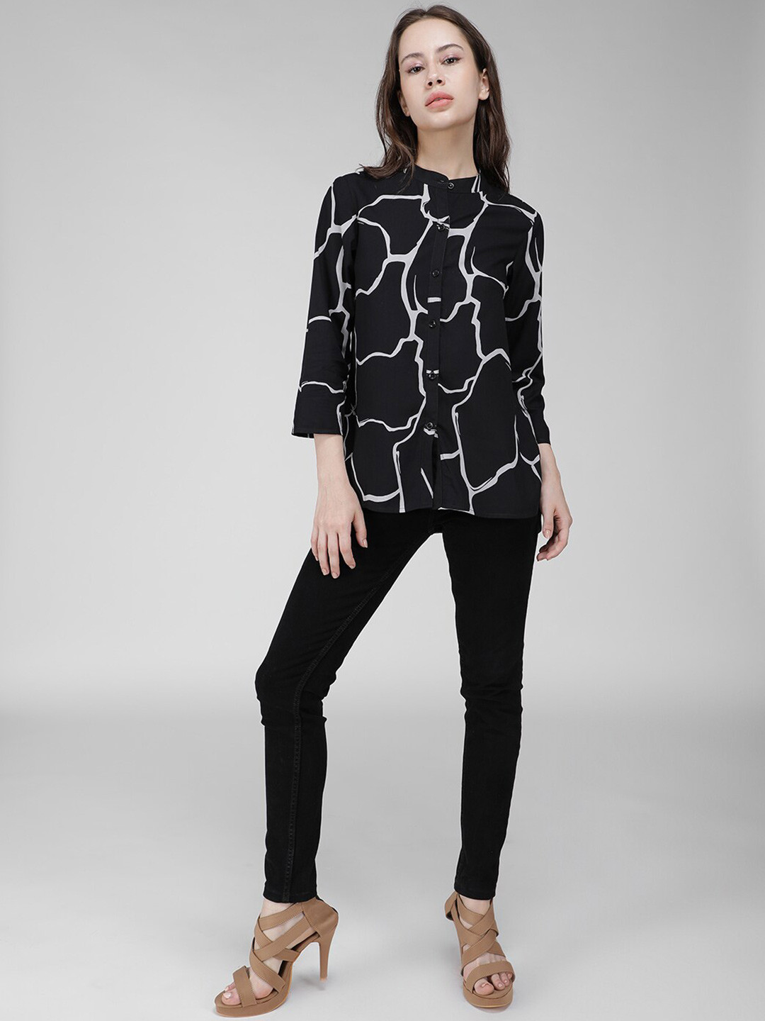 Buy IDK Abstract Printed Opaque Button Mandarin Collar Top - Tops for ...