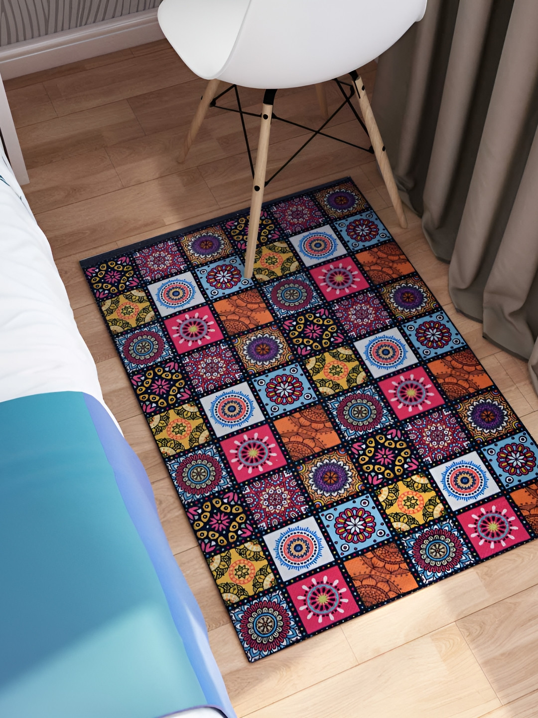 Buy Rangoli Blue & Pink Ethnic Motifs Printed Anti Skid Cotton Carpet ...