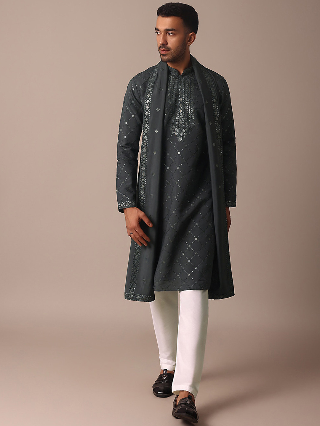 Buy KALKI Fashion Ethnic Motifs Mandarin Collar Long Sleeves Sequinned ...