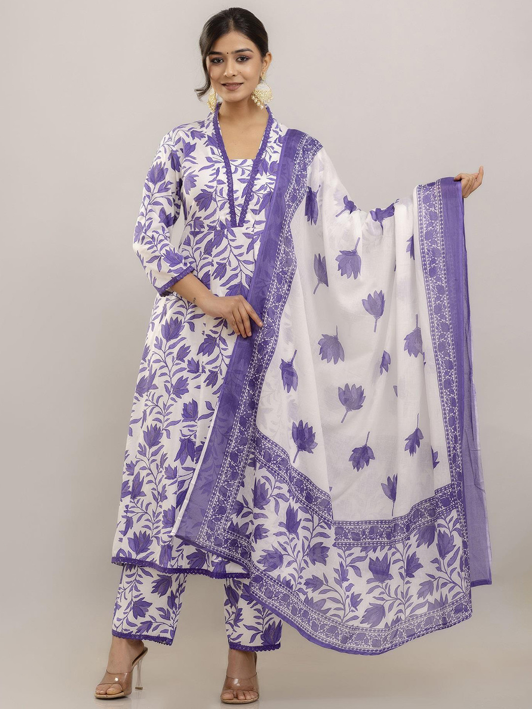 Buy PARTHVI Floral Printed Anarkali Kurta With Trouser & Dupatta ...
