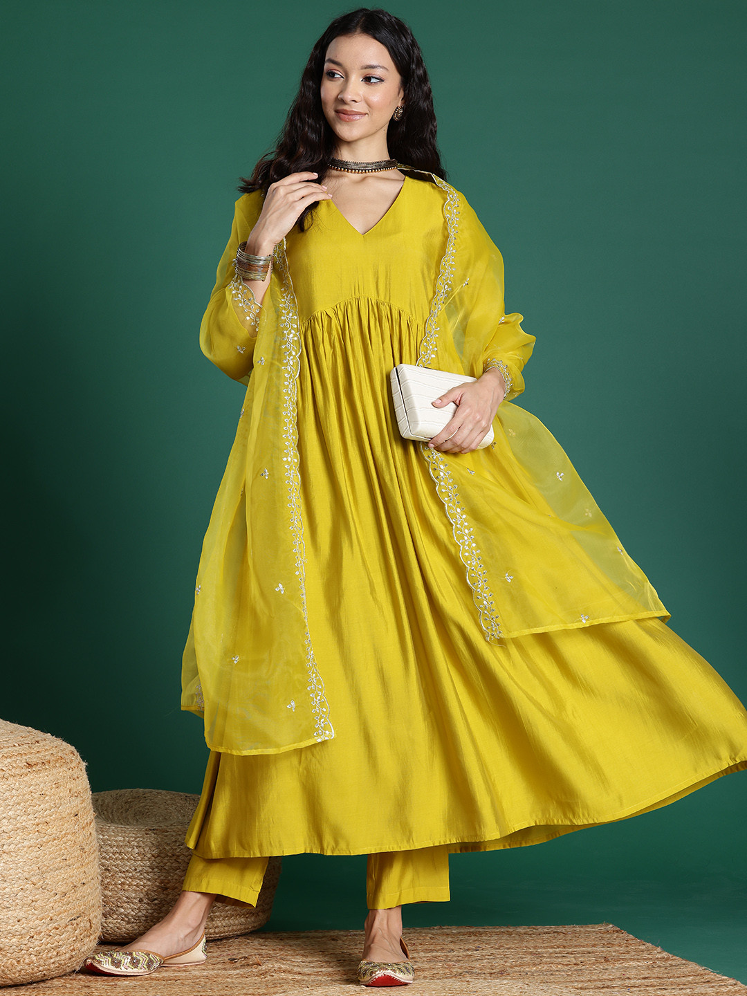 Buy Sangria Pleated Kurta Set With Embroidered Detail Net Dupatta ...