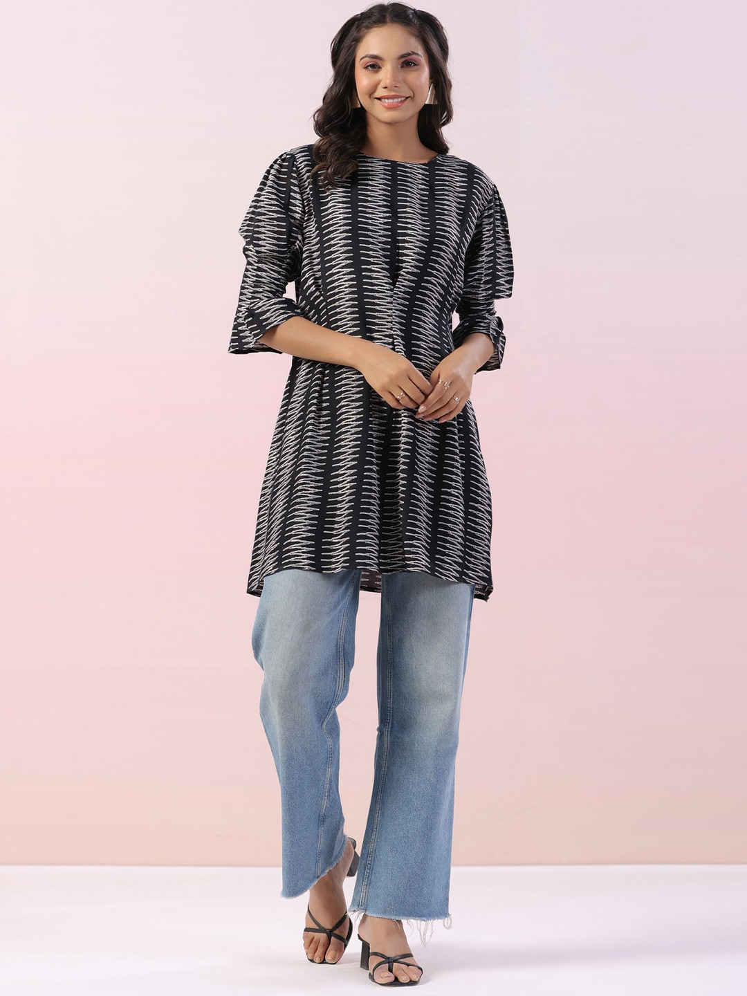 Buy JISORA Round Neck Checked Puff Sleeve Pure Silk Top - Tops for ...