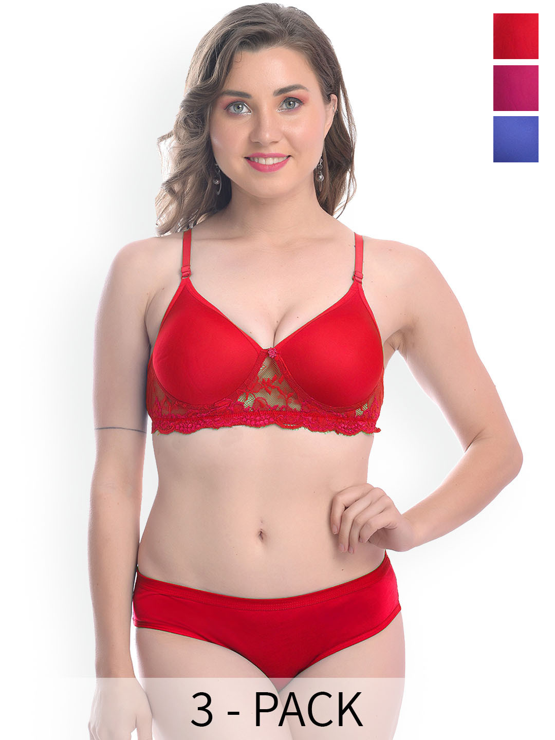 Buy PIBU Pack Of 3 Self Designed Lace Cotton Lingerie Set F_PDCL Set_R,P,B - Lingerie Set for ...