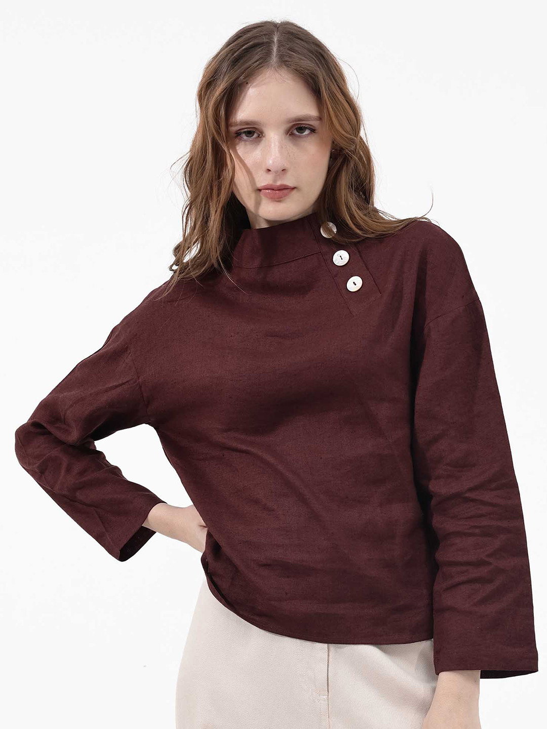 Buy RAREISM Linen High Neck Long Sleeves Styled Back Casual Top - Tops ...