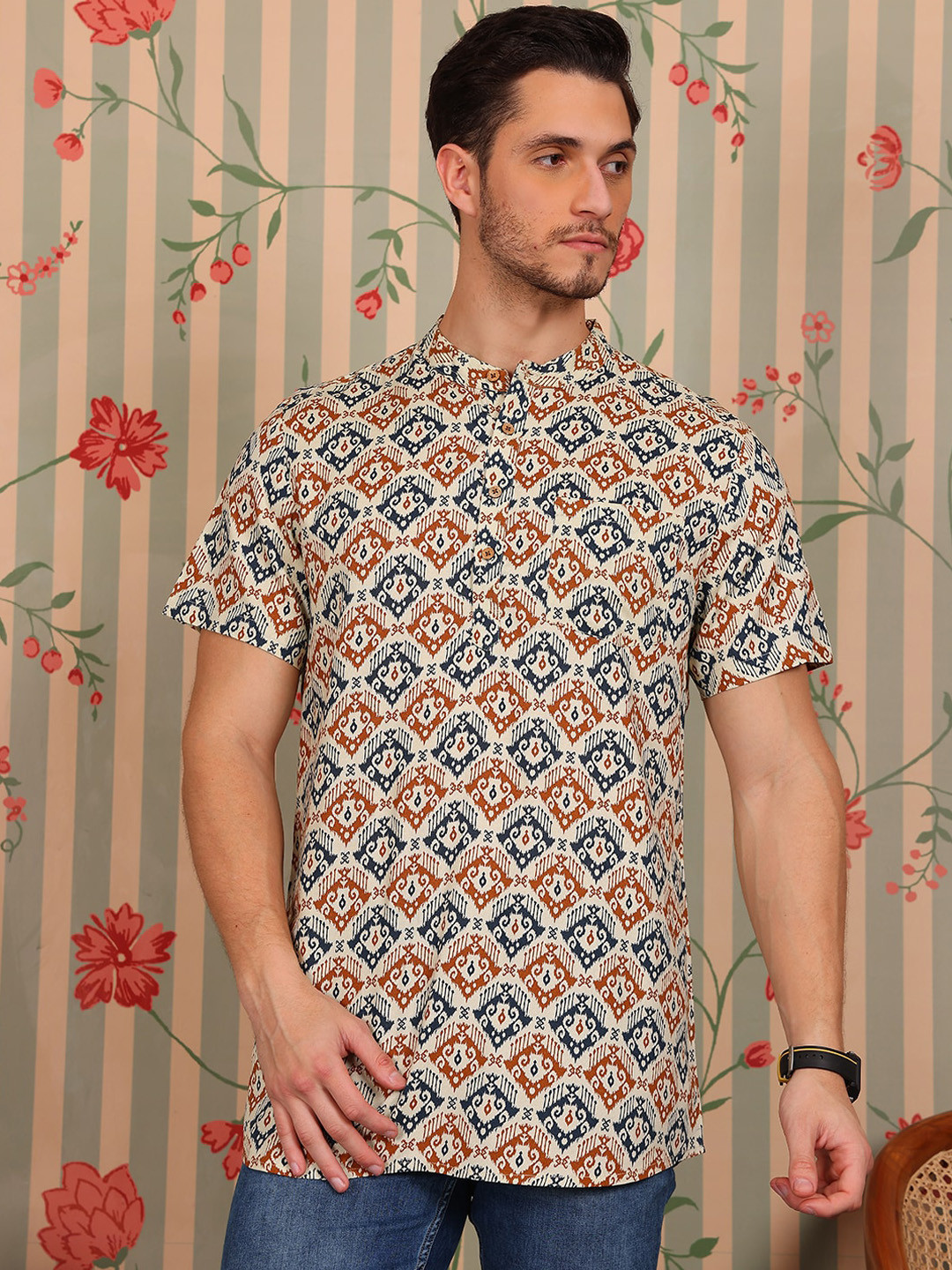 Buy Ode By House Of Pataudi Floral Printed Mandarin Collar Short Kurta ...