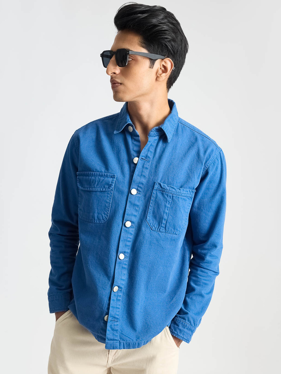 Buy FREAKINS Blue Long Sleeves Pure Cotton Shackets - Shackets for Men ...