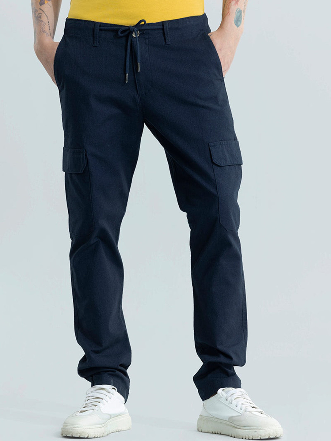 Buy Snitch Navy Blue Men Smart Tapered Fit Cargos - Trousers for Men ...