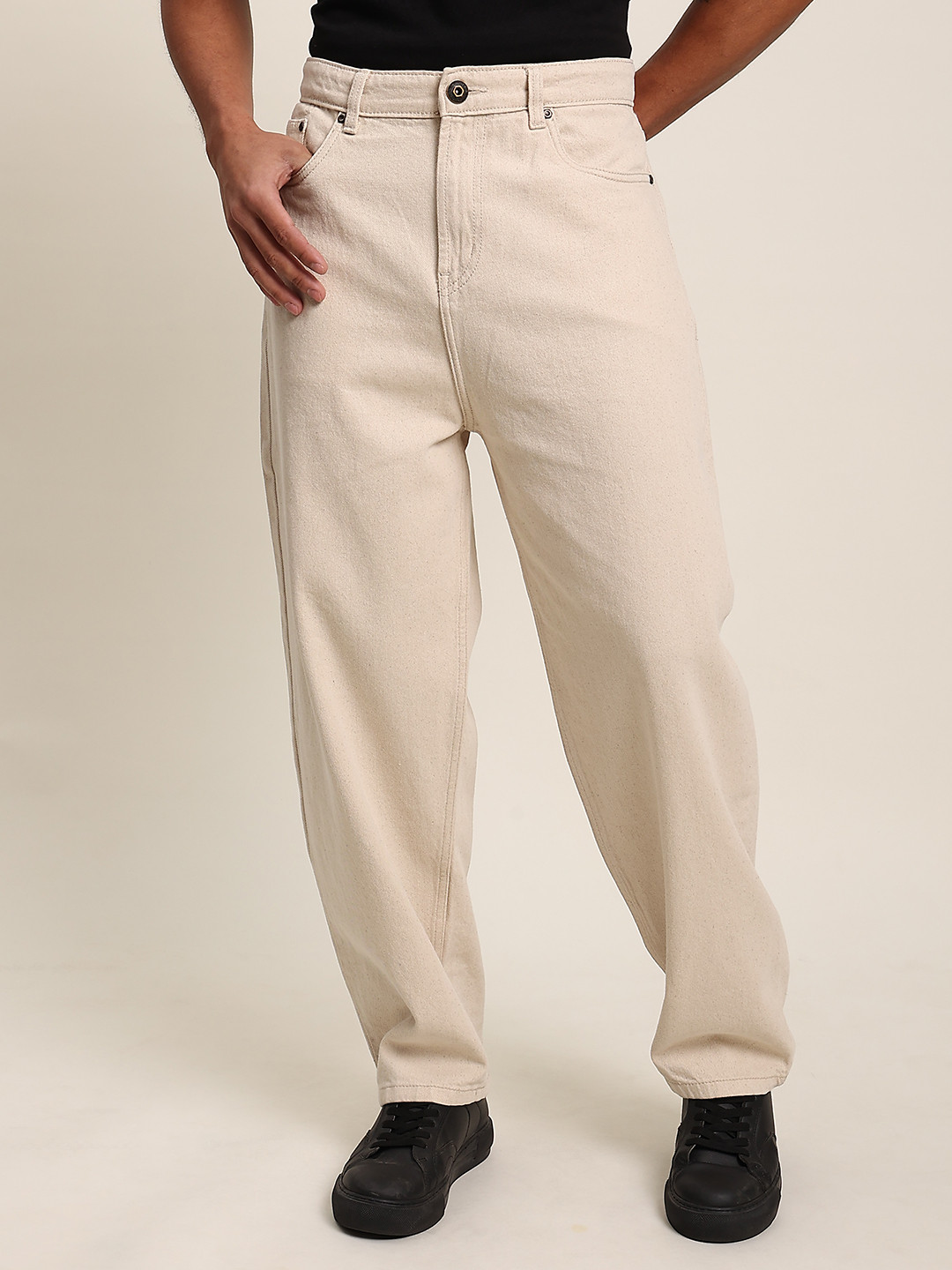 Buy The Roadster Lifestyle Co. Men Beige Pure Cotton Rigid Baggy Fit ...