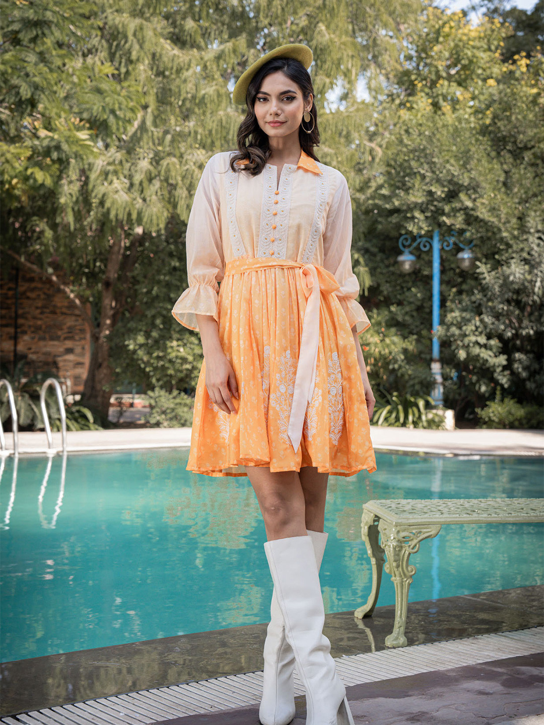 Buy FASHION DWAR Self Design Cotton Shirt Collar Bell Sleeves Fit ...