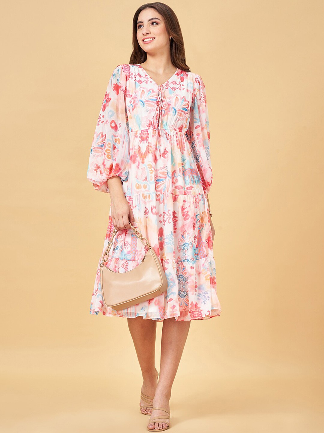 Buy Honey By Pantaloons Floral Print V Neck Puff Sleeves A Line Midi