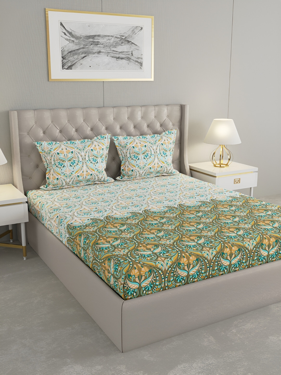 Buy Raymond Home Green & White Ethnic Motifs Cotton 120 TC King ...