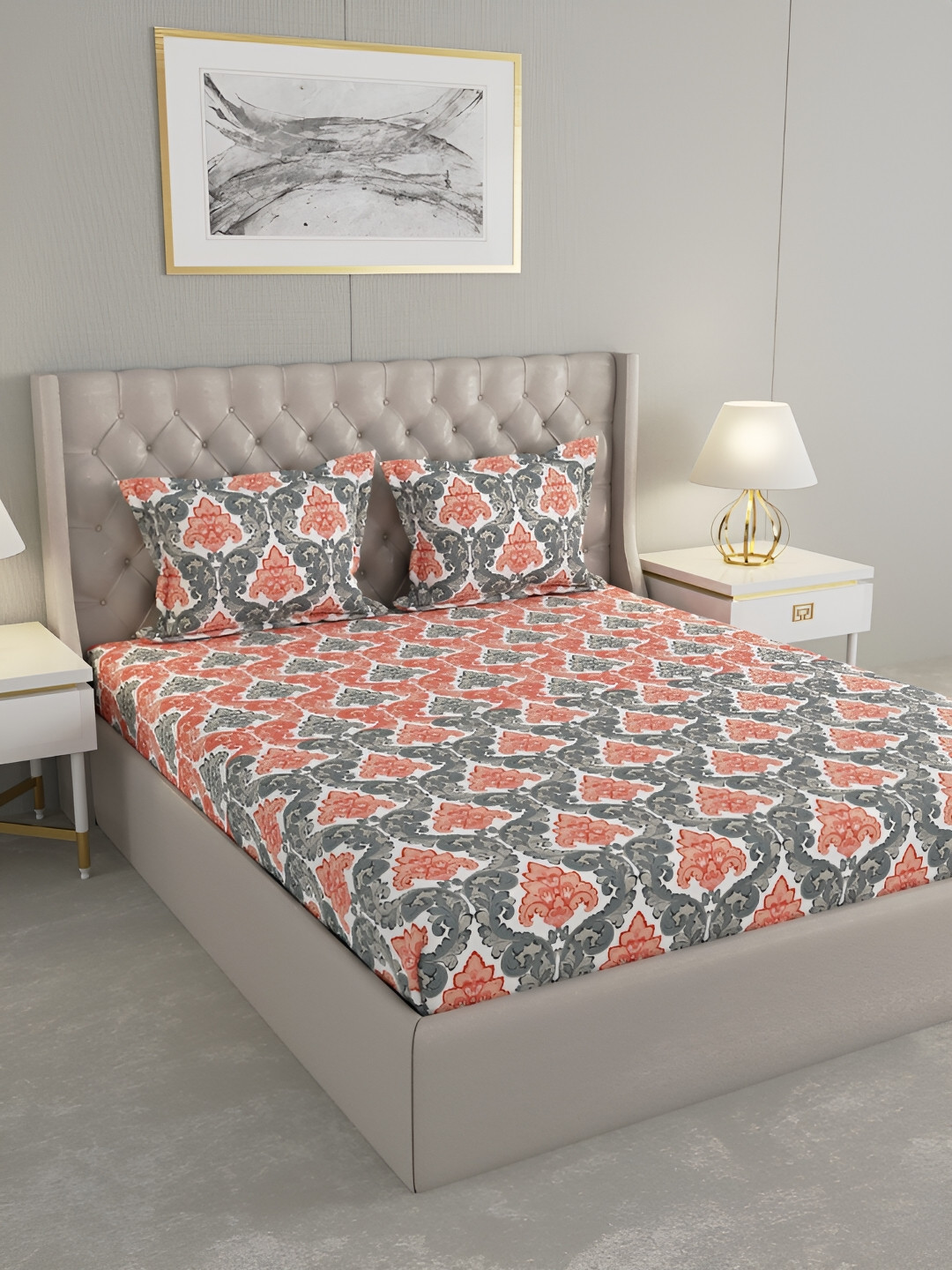 Buy Raymond Home Grey & Red Floral Cotton 120 TC King Bedsheet With 2 ...