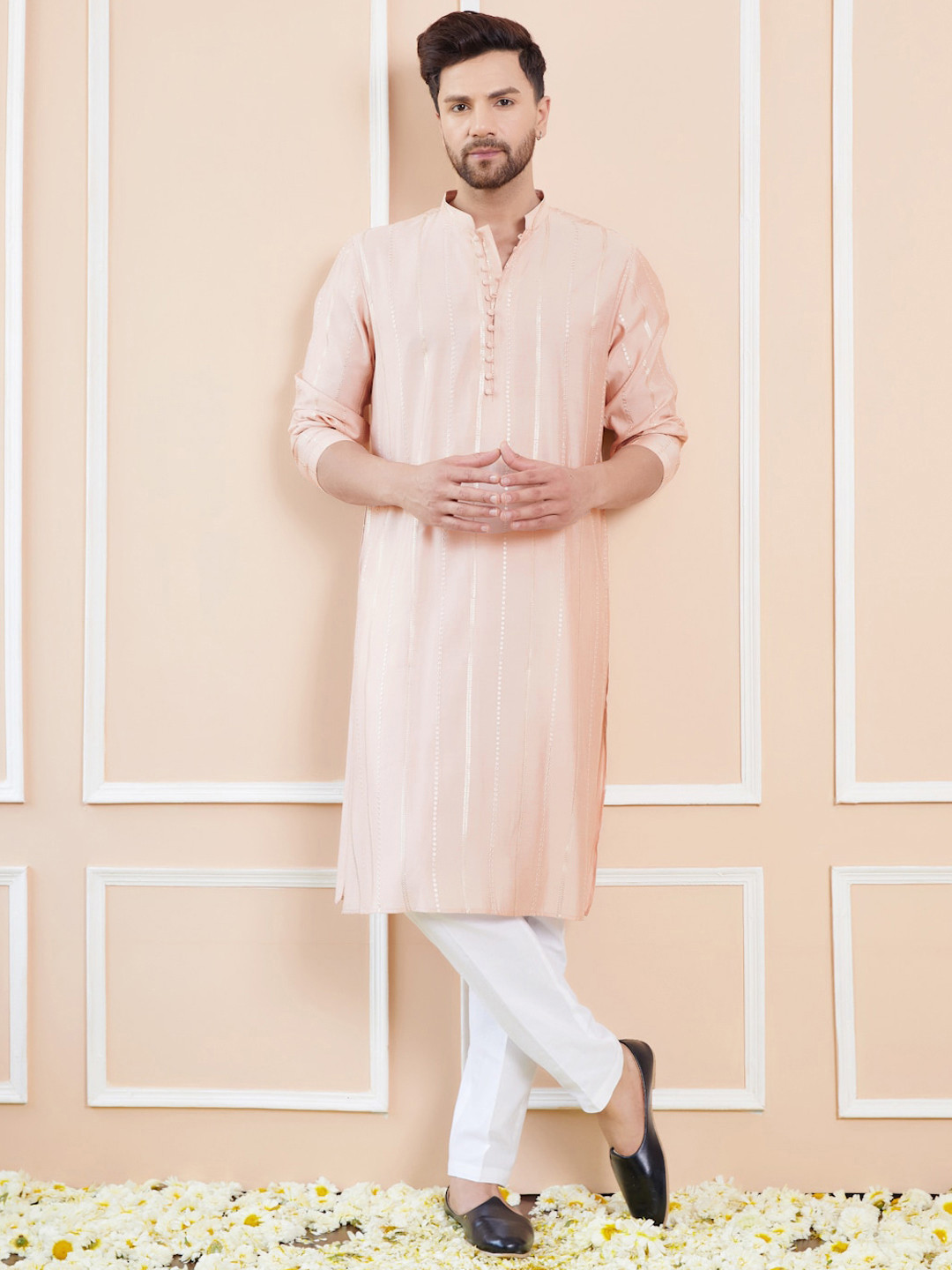 Buy See Designs Striped Embroidered Mandarin Collar Sequins Chanderi ...